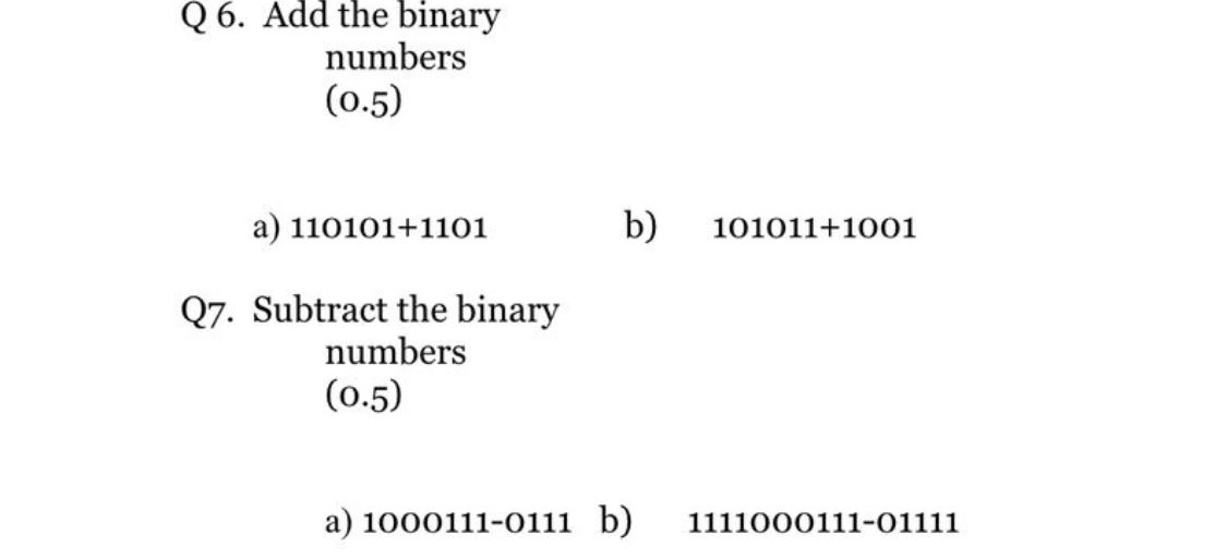 Solved Q 6. Add the binary numbers (0.5) a) 110101+1101 b) | Chegg.com