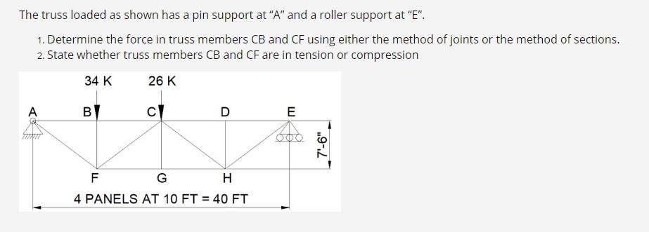 Solved The truss loaded as shown has a pin support at "A" | Chegg.com