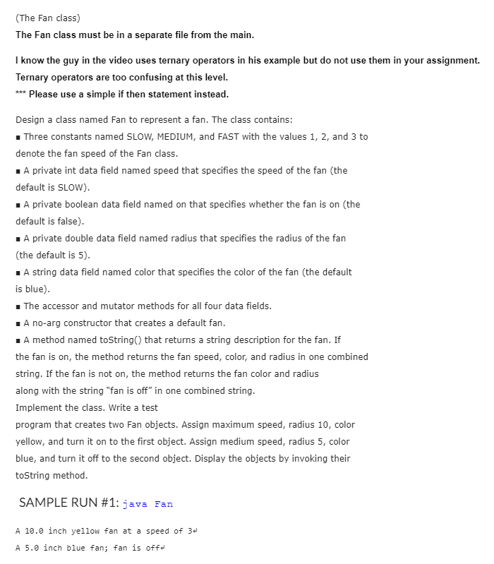 Solved (The Fan class) The Fan class must be in a separate | Chegg.com