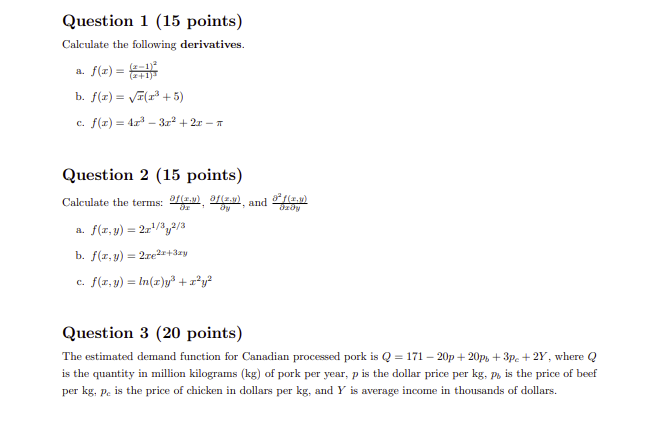 Solved Calculate the following derivatives. a. | Chegg.com
