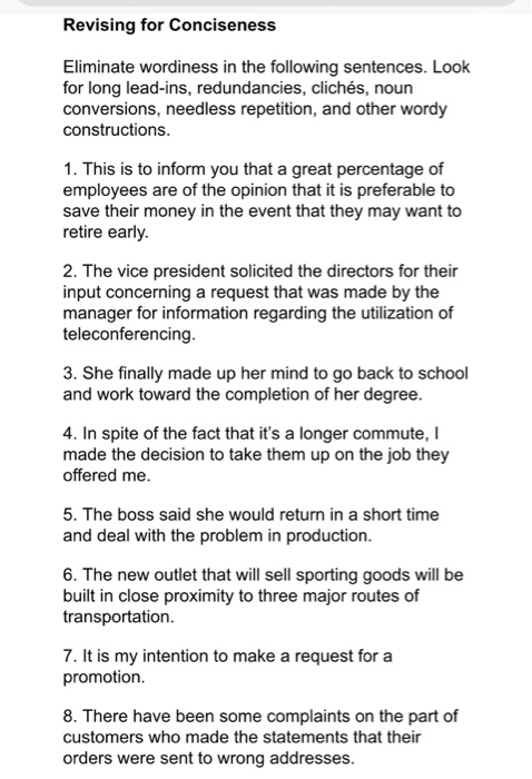 Solved Revising for Conciseness Eliminate wordiness in the | Chegg.com