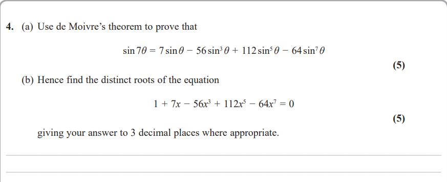 Solved (a) Use de Moivre's theorem to prove that | Chegg.com