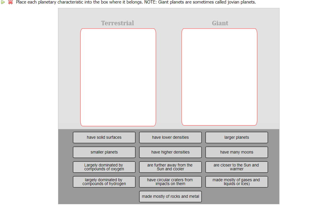 Solved Place each planetary characteristic into the box | Chegg.com