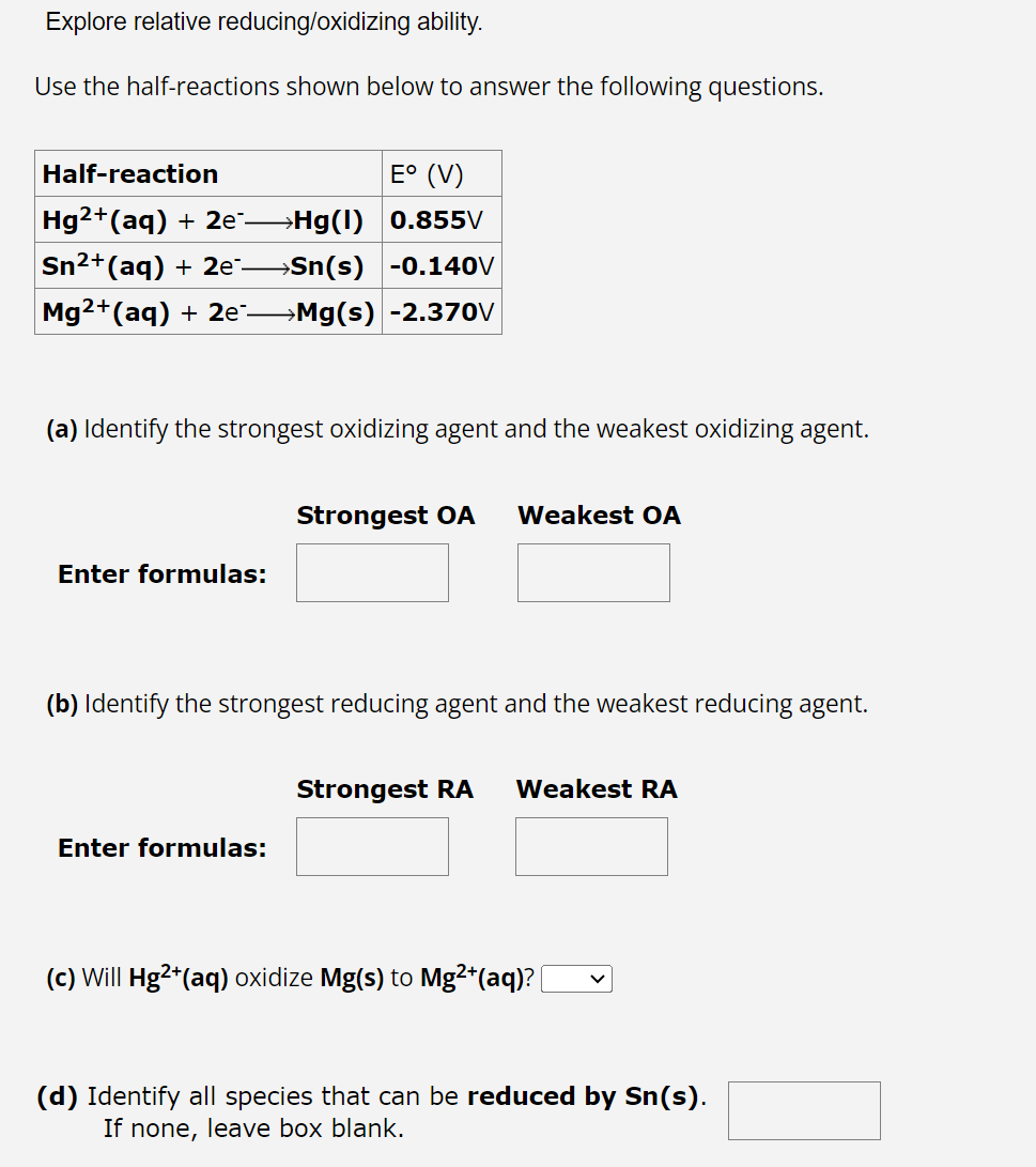Solved Explore relative reducing/oxidizing ability.Use the | Chegg.com