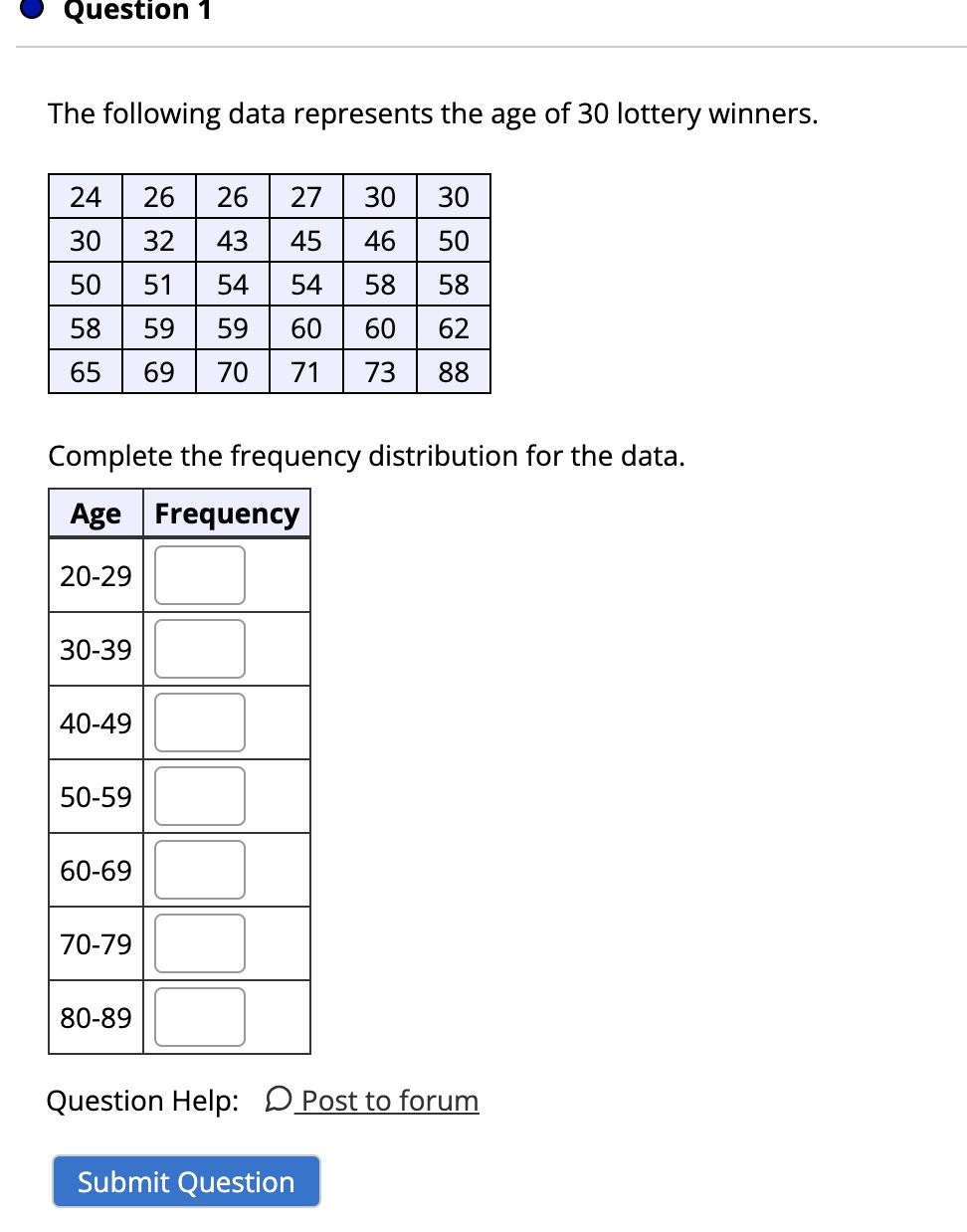 Solved The following data represents the age of 30 lottery | Chegg.com