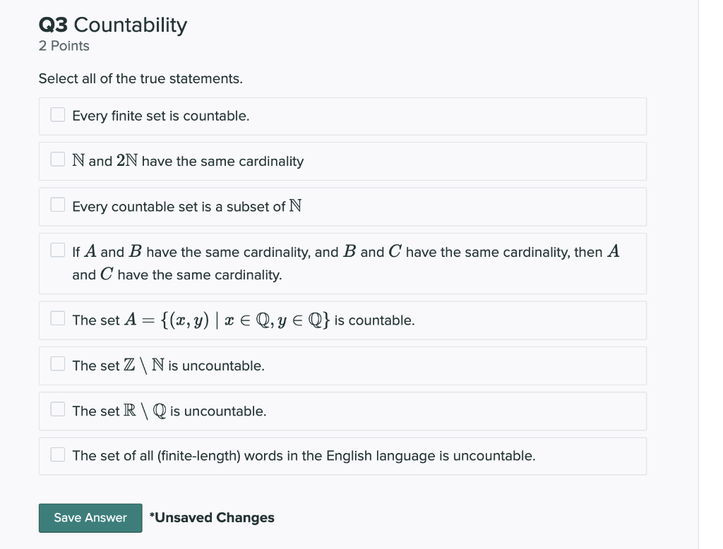 Solved Q3 Countability 2 Points Select all of the true | Chegg.com