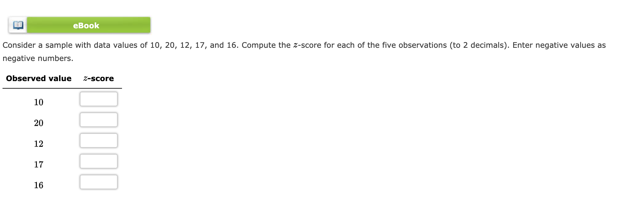 Solved eBook Consider a sample with data values of 10, 20, | Chegg.com