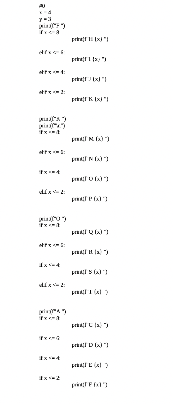 Solved #0x=4y=3print(f"F ")if x≤8 ﻿: ﻿")elif x≤6 ﻿: ﻿")elif | Chegg.com