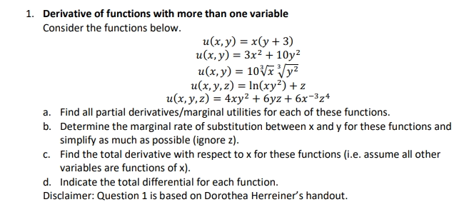 Solved Derivative of functions with more than one variable | Chegg.com