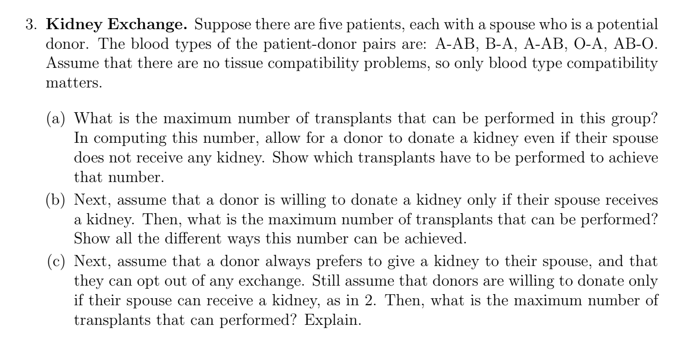 Solved 3. Kidney Exchange. Suppose there are five patients, | Chegg.com