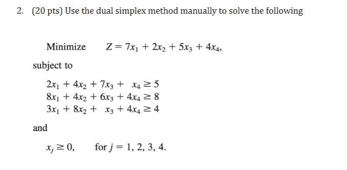Solved (20 ﻿pts) ﻿Use the dual simplex method manually to | Chegg.com