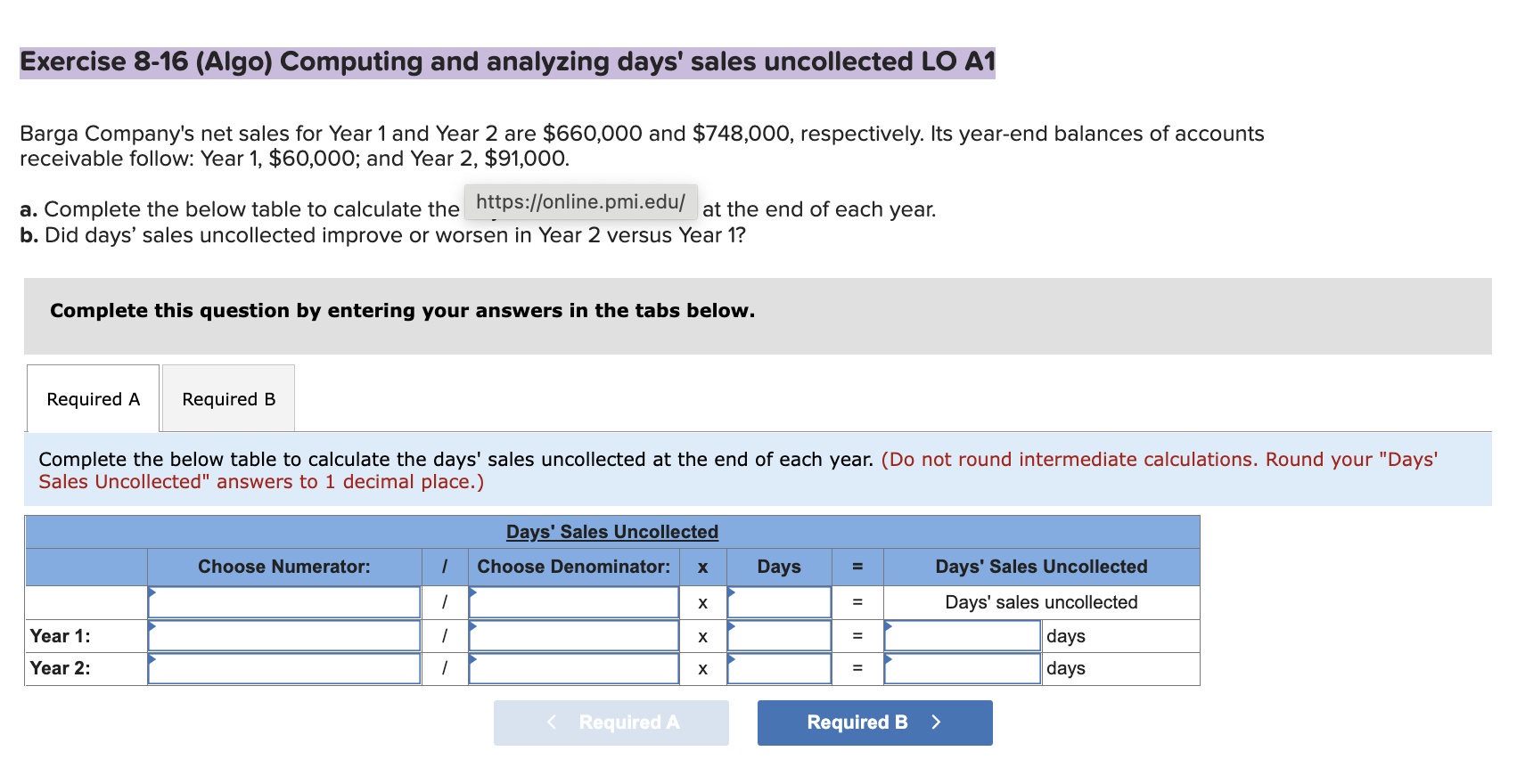Solved Exercise 8-16 (Algo) Computing and analyzing days' | Chegg.com