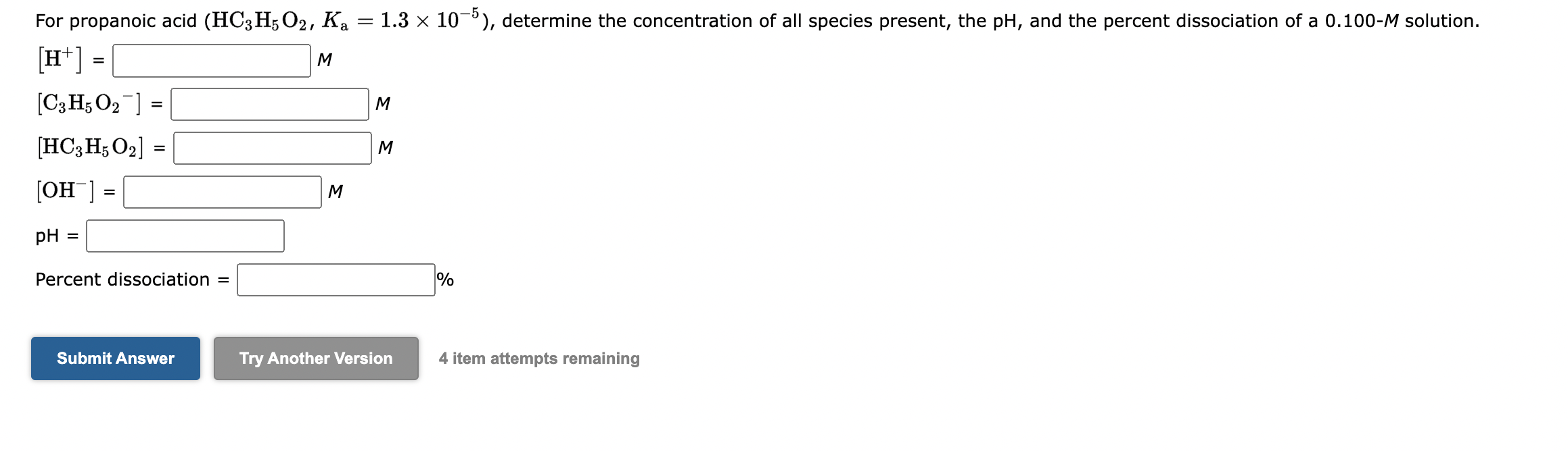 Solved For propanoic acid (, ), determine the concentration | Chegg.com