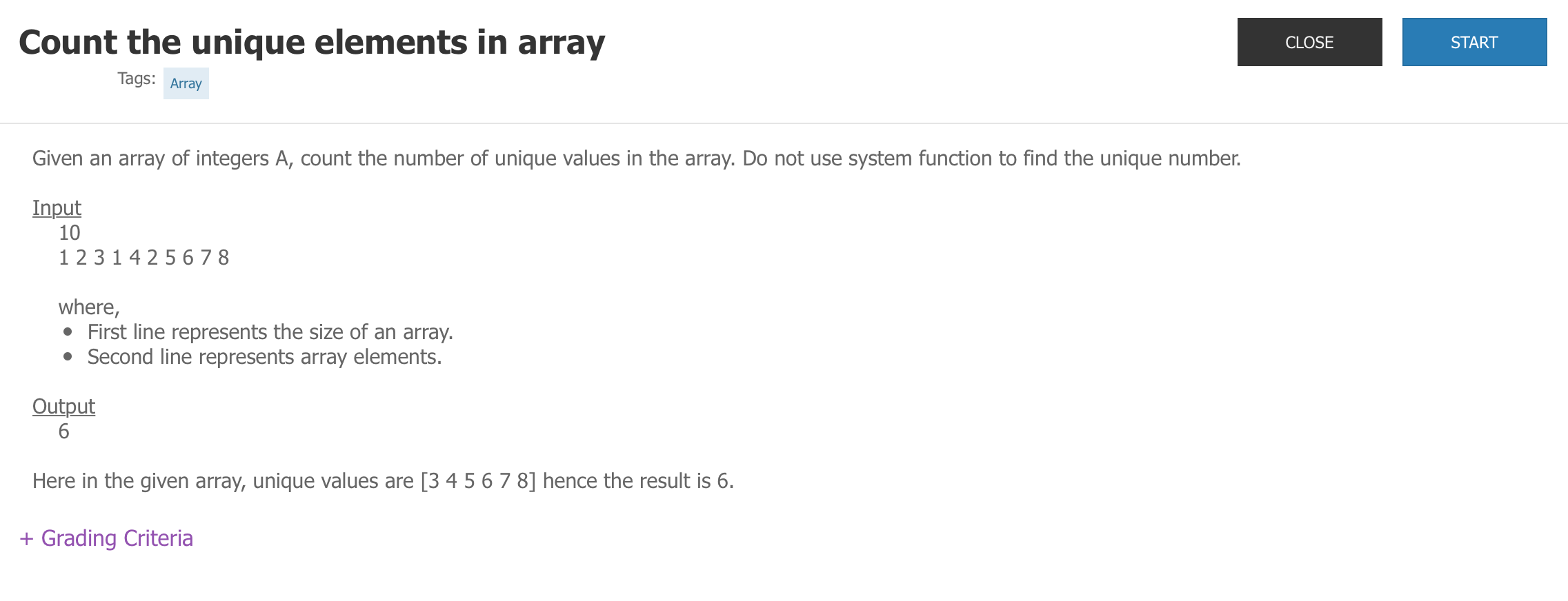 Solved Count the unique elements in array CLOSE START Tags: | Chegg.com