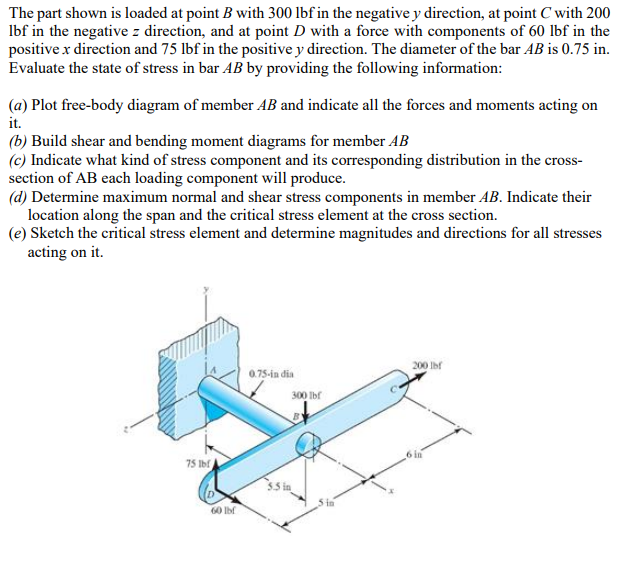 Solved The part shown is loaded at point B with 300 lbf in | Chegg.com