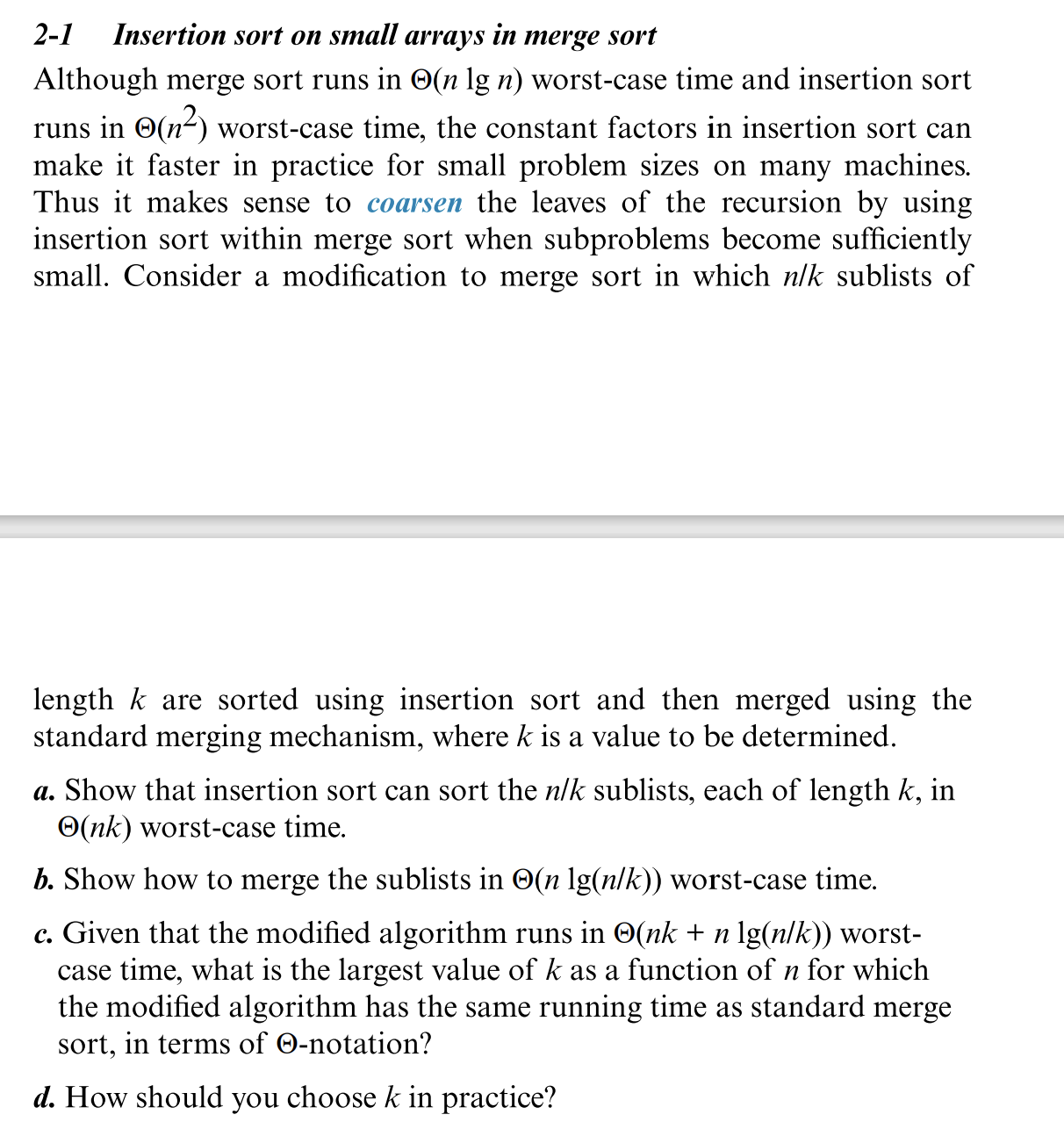 Solved 2-1 ﻿Insertion sort on small arrays in merge | Chegg.com