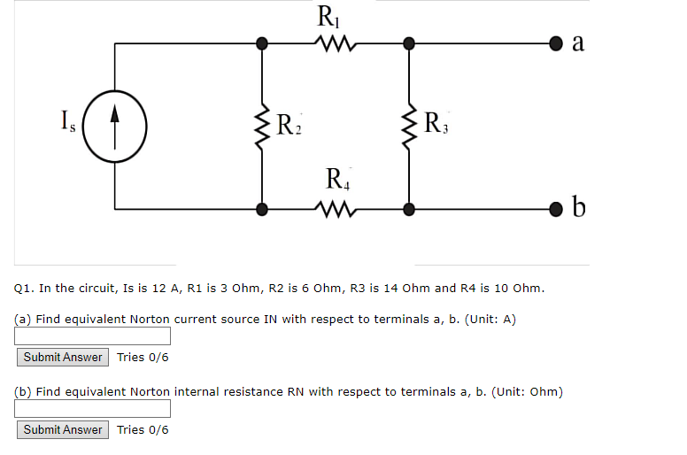 Solved Q1. In the circuit, Is is 12 A,R1 is 3Ohm,R2 is | Chegg.com