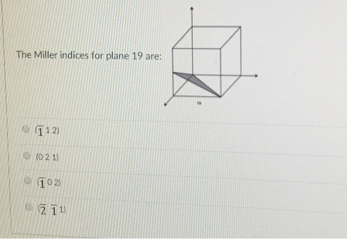 Solved The Miller indices for plane 19 are: (1^bar 1 2) (0 | Chegg.com
