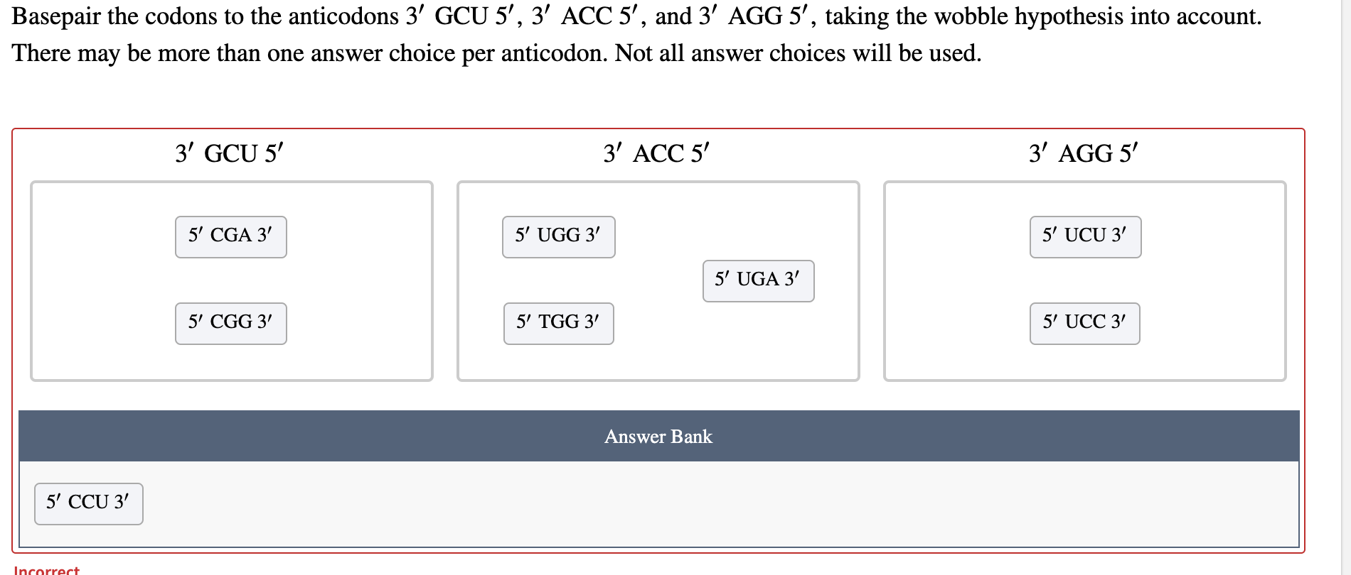 Solved Basepair the codons to the anticodons 3' GCU 5', 3' | Chegg.com