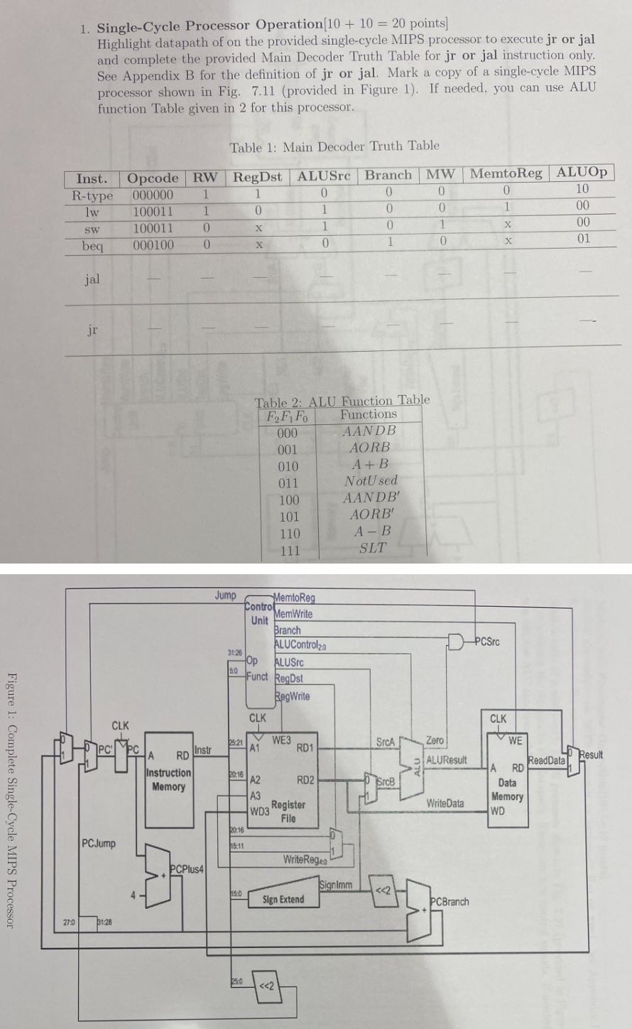 Solved 1 Single Cycle Processor Operation 101020 Points 9466