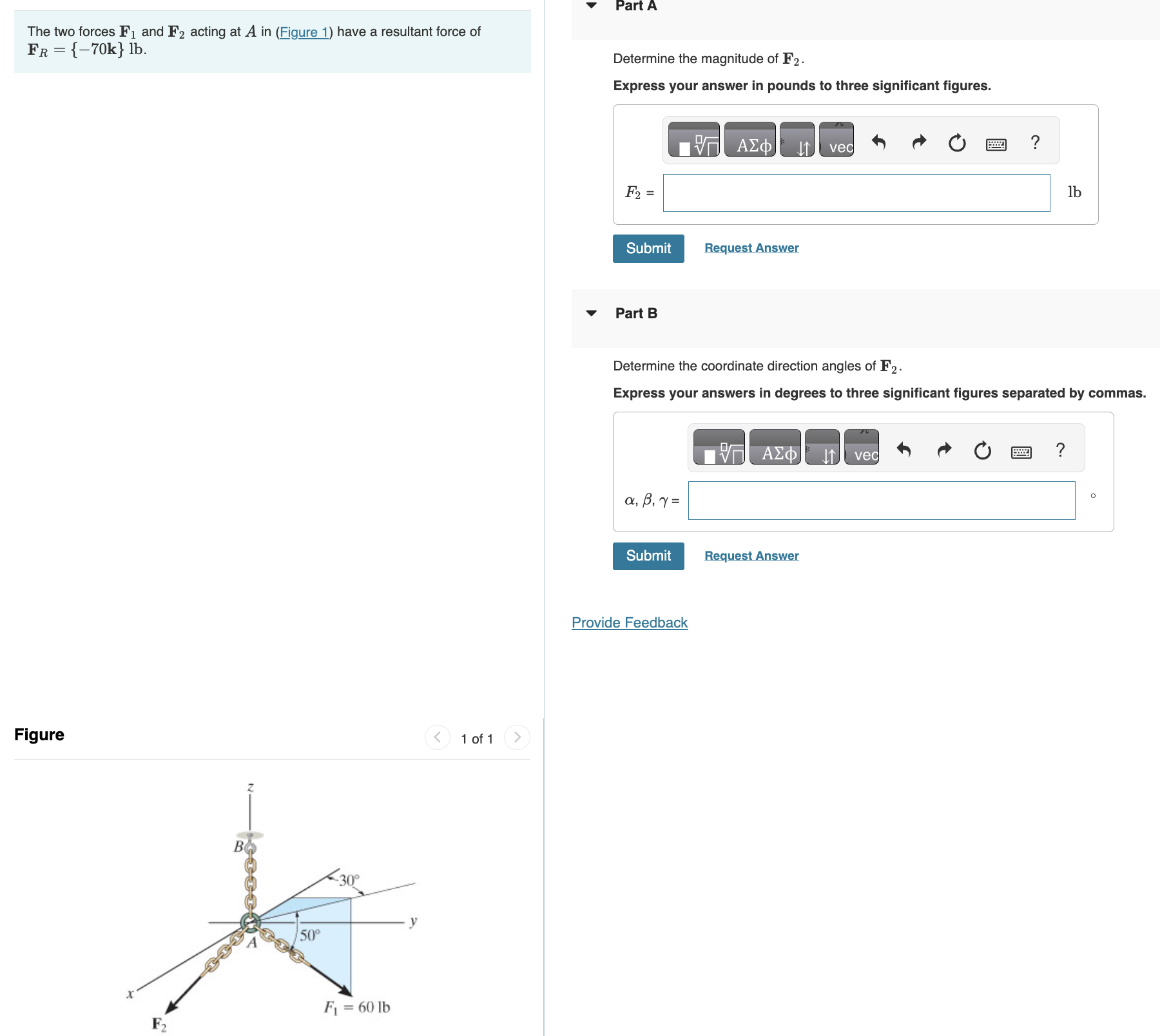 Solved The two forces F1 ﻿and F2 ﻿acting at A ﻿in (Figure 1) | Chegg.com