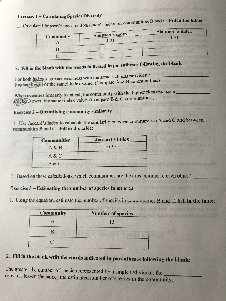 Exercise 1-Calculating Species Diversity 1. Calculate | Chegg.com