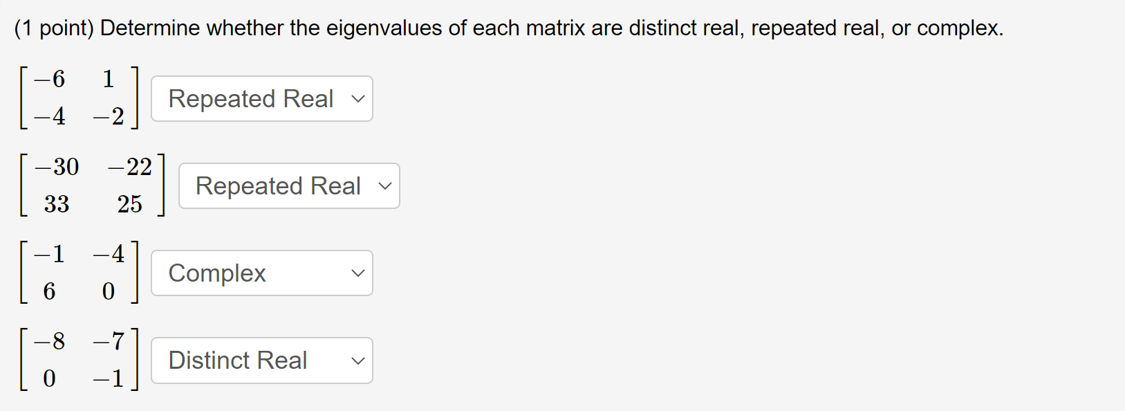 Solved (1 point) Determine whether the eigenvalues of each | Chegg.com