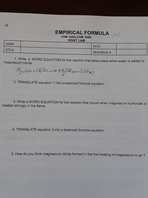 Solved 28 EMPIRICAL FORMULA 1a CHM 1045L/CHM 1046L POST LAB | Chegg.com