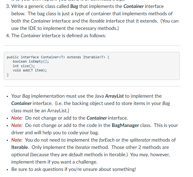 Solved 3. Write a generic class called Bag that implements | Chegg.com
