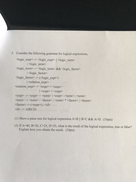 Solved Consider the following grammar for logical | Chegg.com