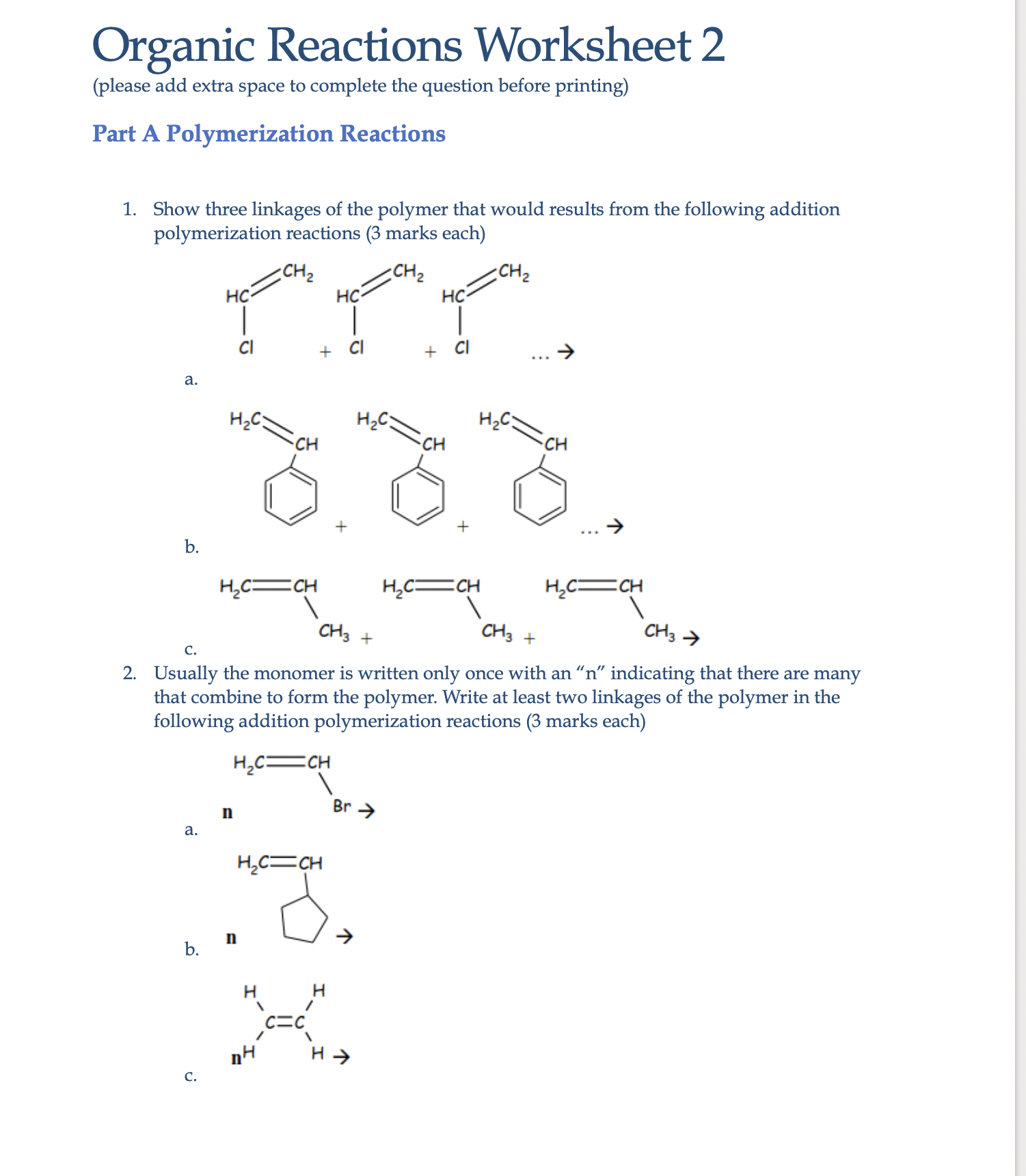 Solved Organic Reactions Worksheet 2 (please add extra space | Chegg.com