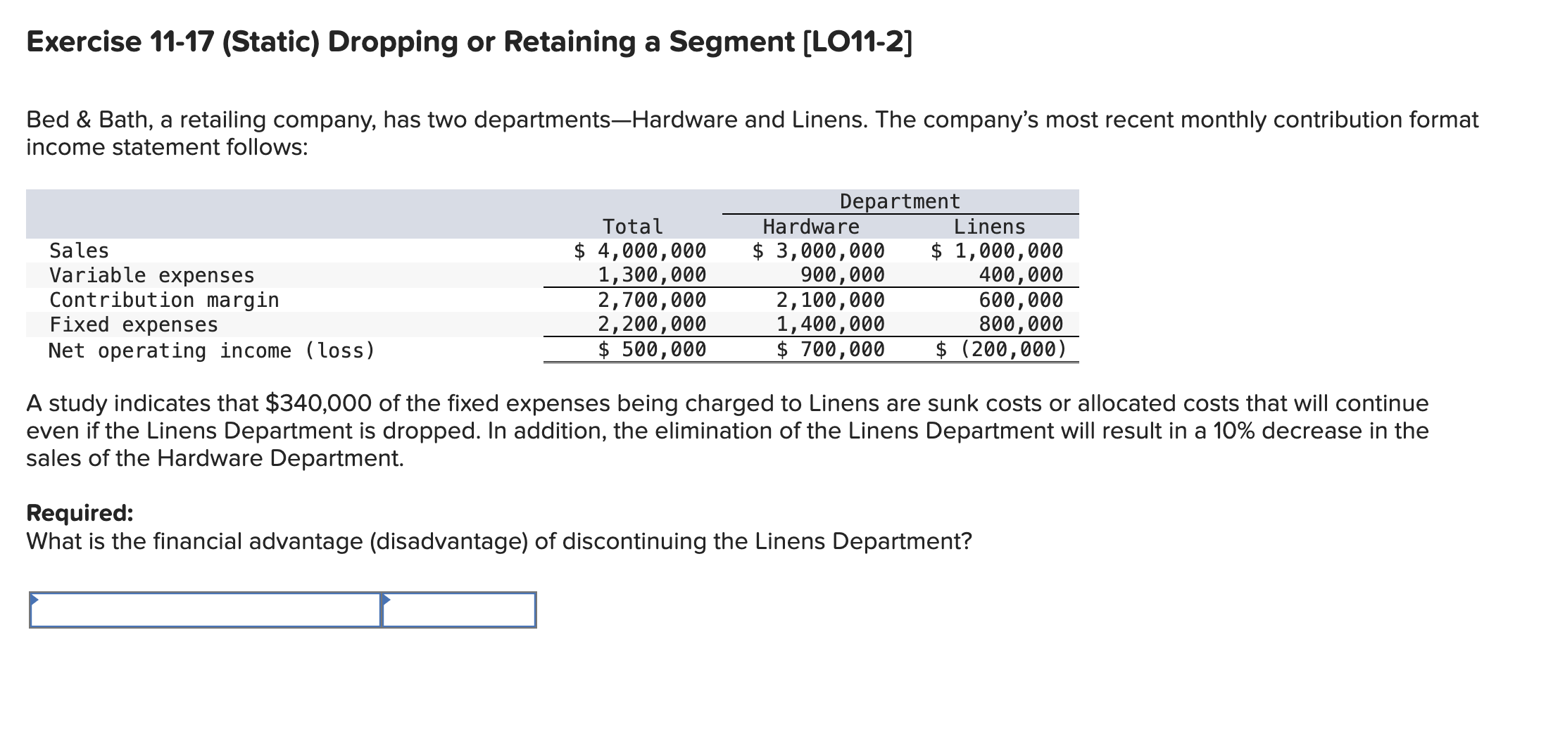 Solved Exercise 11-17 (Static) ﻿Dropping or Retaining a | Chegg.com
