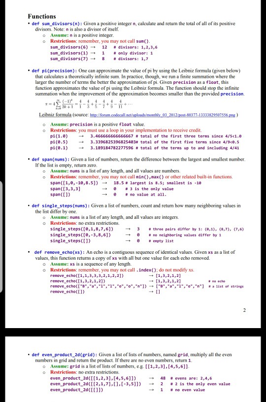 Solved Functions def sum divisors (n): Given a positive | Chegg.com