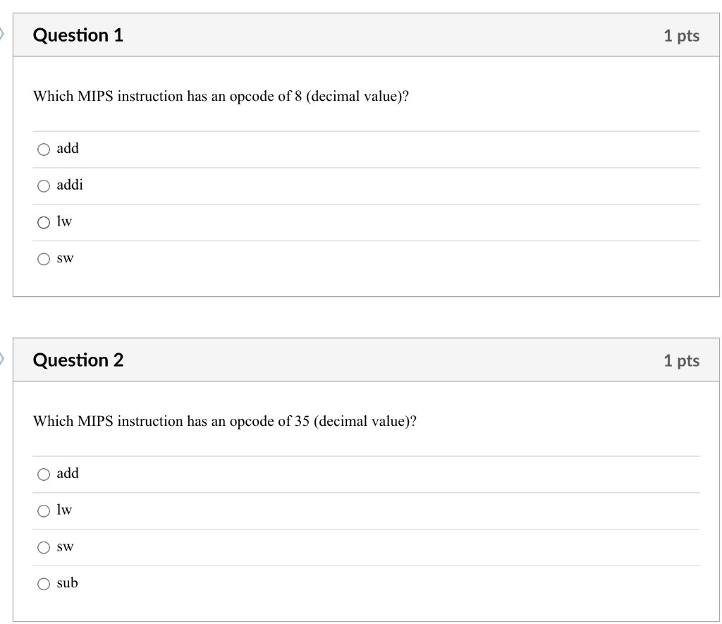 Solved Question 1 1 pts Which MIPS instruction has an opcode | Chegg.com