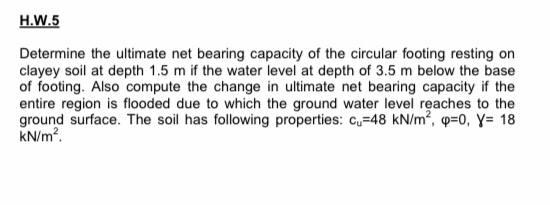 Solved H.W.5 Determine the ultimate net bearing capacity of | Chegg.com