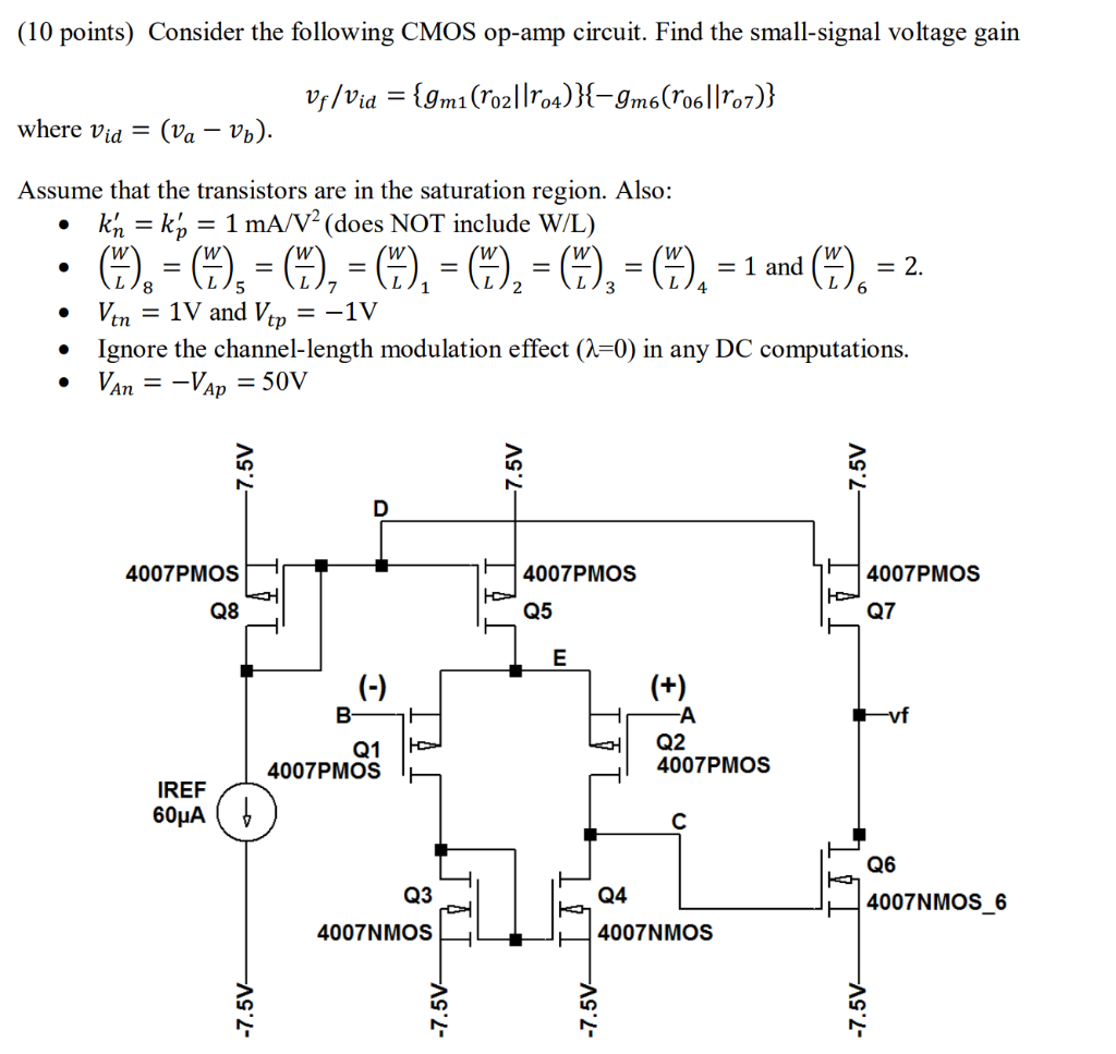 (10 points) Consider the following CMOS op-amp | Chegg.com