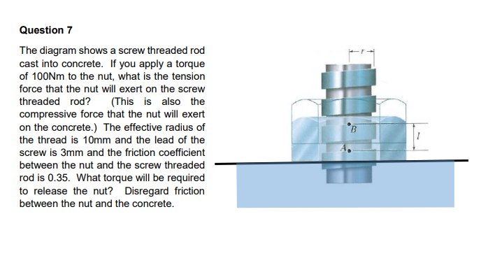 Solved Question 7 The diagram shows a screw threaded rod | Chegg.com