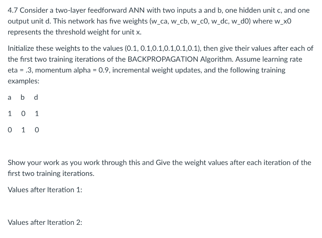 Solved 4.7 Consider a two-layer feedforward ANN with two | Chegg.com
