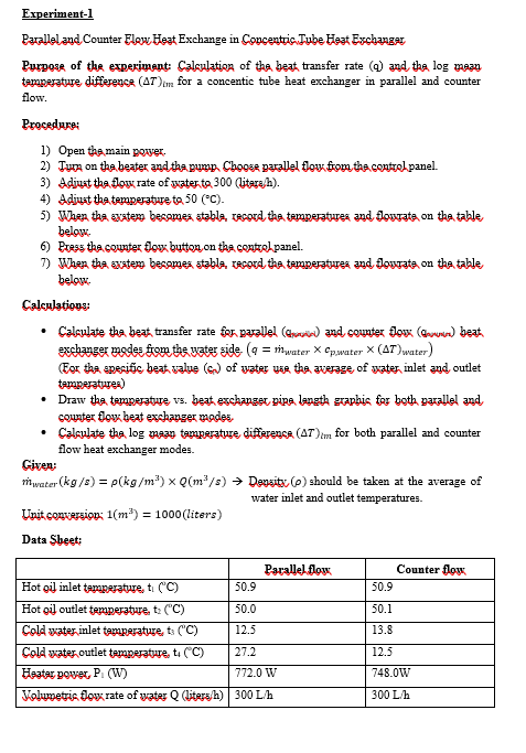 Solved Experiment-1 Barallel and Counter Elow Heat Exchange | Chegg.com