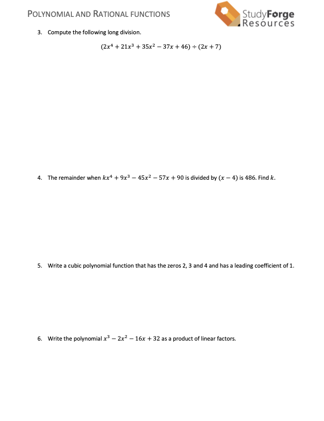 Solved POLYNOMIAL AND RATIONAL FUNCTIONS StudyForge | Chegg.com