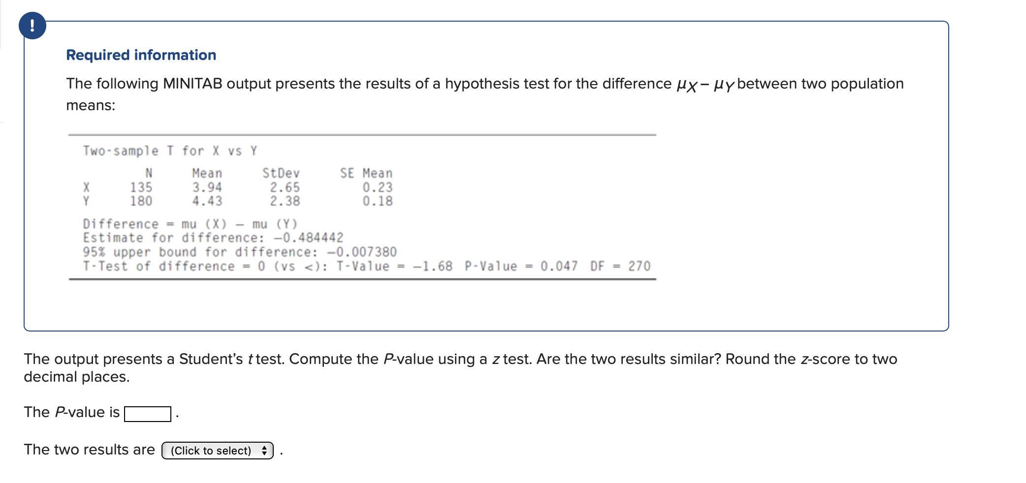 Solved ! Required information The following MINITAB output | Chegg.com