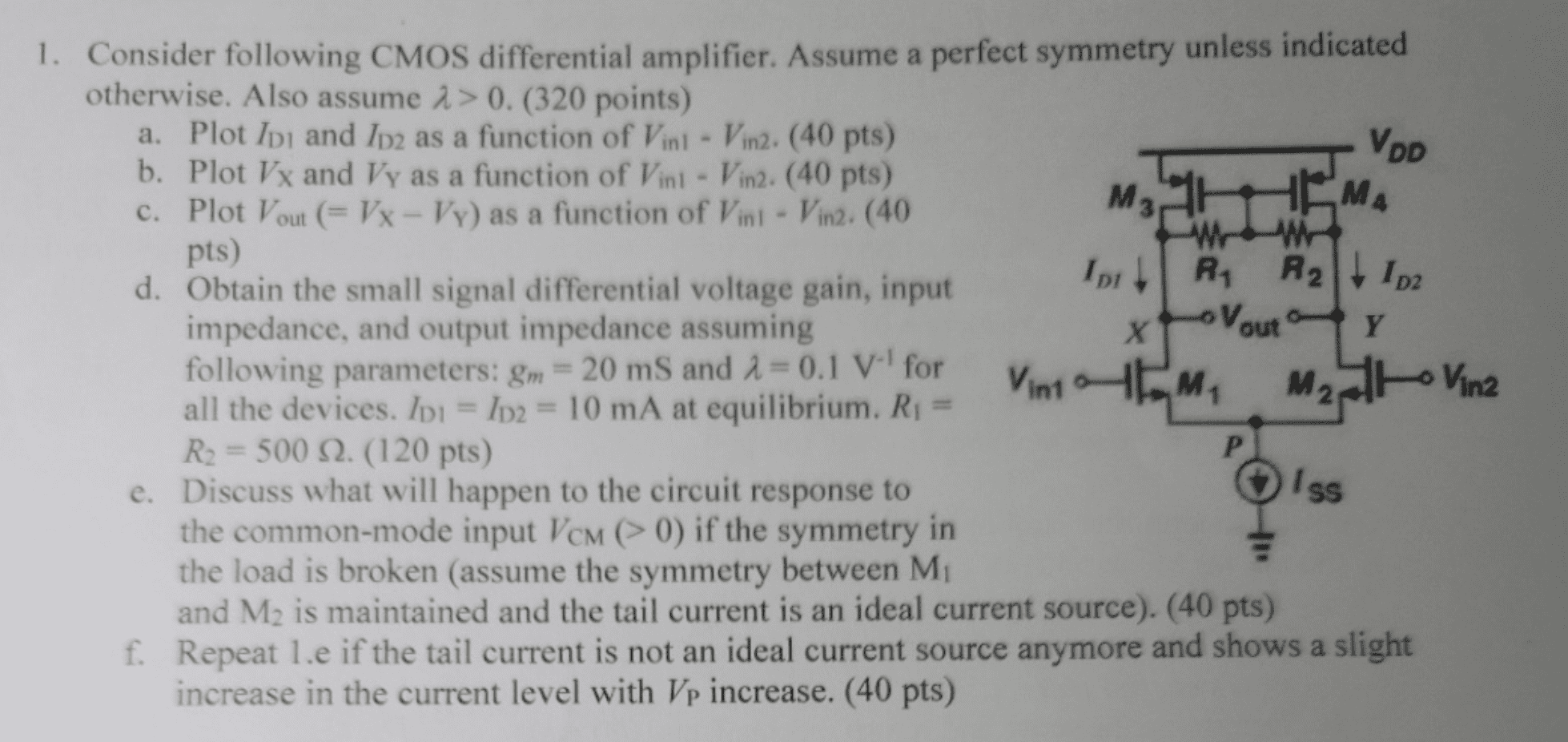 Solved Consider following CMOS differential amplifier. | Chegg.com