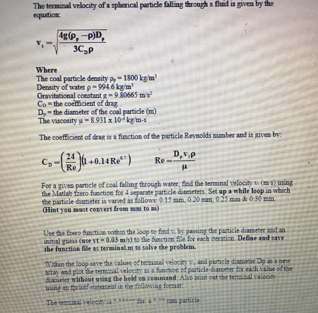 Solved The terminal velocity of a spherical particle falling | Chegg.com