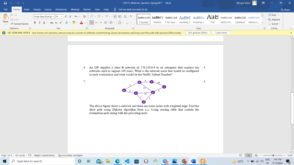 Solved CSE313 Midterm Question Spring2021 - Word Merajul | Chegg.com