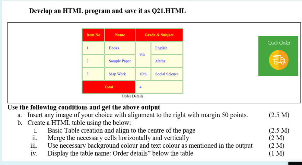 Solved Develop an HTML program and save it as Q21.HTML Item | Chegg.com