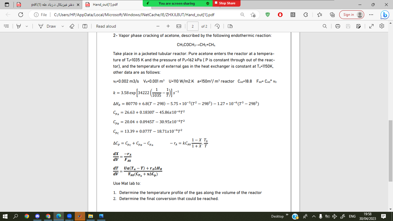 2- Vapor phase cracking of acetone, described by the | Chegg.com