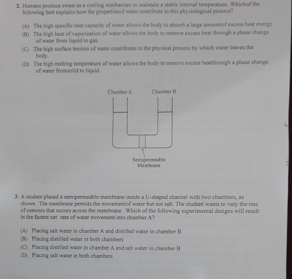 Solved 2. Humans produce sweat as a cooling mechanism to | Chegg.com