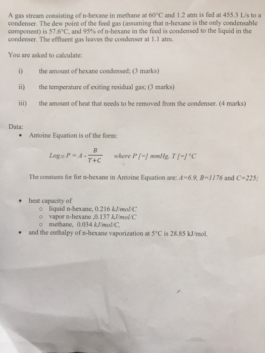 A gas stream consisting of n-hexane in methane at 60 | Chegg.com
