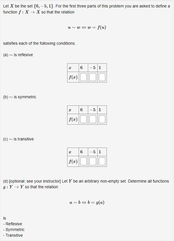 Solved Let X be the set {6,−5,1}. For the first three parts | Chegg.com