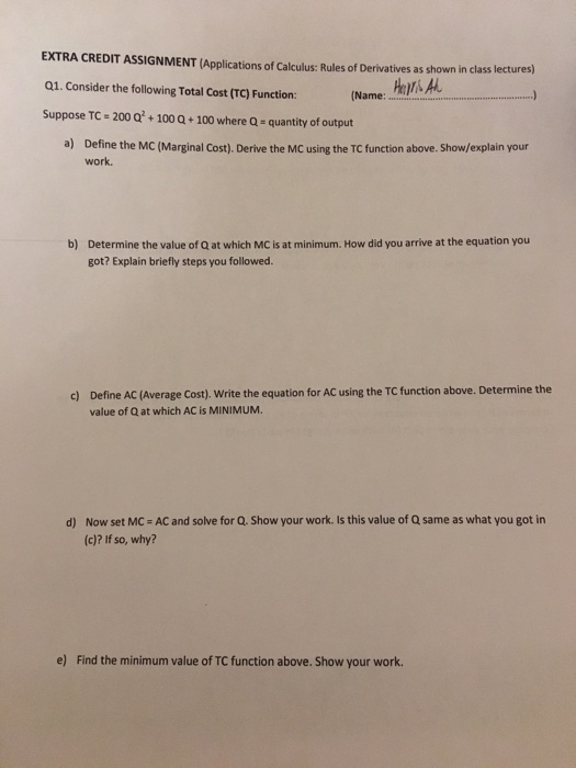 Solved EXTRA CREDIT ASSIGNMENT (Applications of Calculus: | Chegg.com